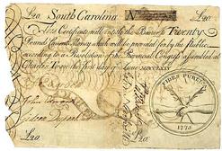 Colonial Note; South Carolina, 1775, 20 Pound.