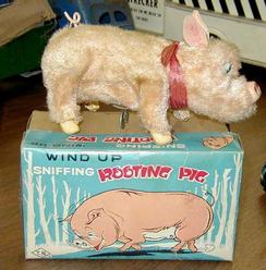 Wind Up Toy; Nomura Toys, Sniffing Rooting Pig, Plush, Box.