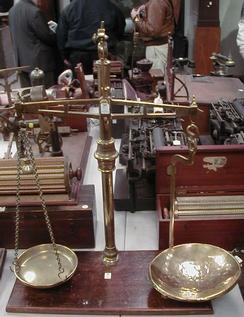 Scale; Balance Beam, Banfield, Brass Pillar & Pans, Oak Base, 29 inch.