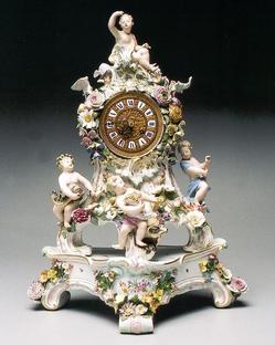 Mantel Clock; Meissen, Children Dolphins & Flowers, 23 inch.