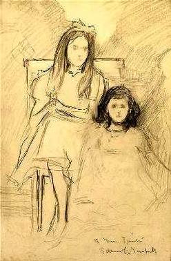 Tarbell, Edmund Charles; Graphite Drawing, signed, Two Girls, 12 inch.