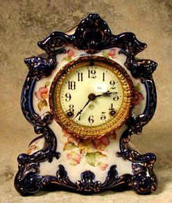 Shelf Clock; Ansonia, China Case, Pink Roses, 12 inch.