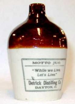 Whiskey Jug; Detrick Distilling, Motto Jug, Miniature.