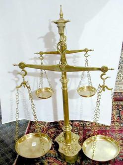 Scale; Balance Beam, Brass, Bull's Head Fulcrum, Dual Arm, Base Weights.