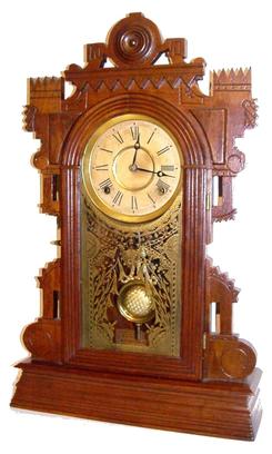 Shelf Clock; Terry Clock Co, 'Highland', Walnut, Gilt Pendulum.