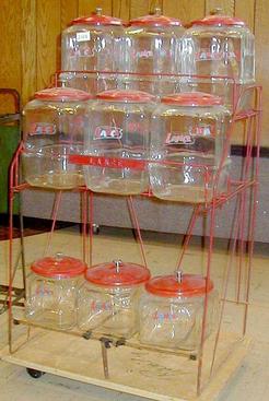 Jar Rack; Lance Crackers, Three Shelves, Glass Jars (9).