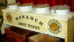 Store Bin; Monarch, Sweet Pickles, Metal Frame, Crocks (4).