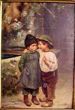 Wunsch, Marie; Oil on Panel Painting, signed, Sharing a Secret.