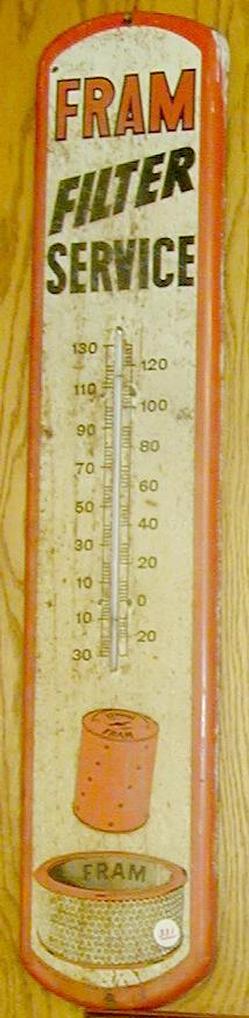 Thermometer; Fram, Oil & Air Filter Service, Tin.