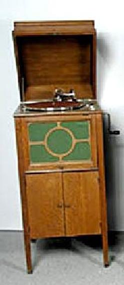 Phonograph; Cheney Talking Machine, Upright Case, Discs.