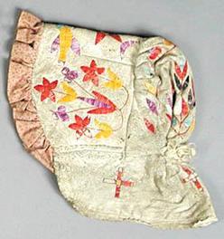 Bonnet; Child's, Quillwork, Floral & Bird Decoration, Fabric Edge.