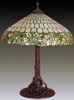 Table Lamp; American, Handel, Leaded Glass, Oak Leaf Design, Tree Trunk ...
