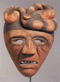 Mask; Cherokee, Carved & Painted Wood, Horns with Snake, 11 inch.