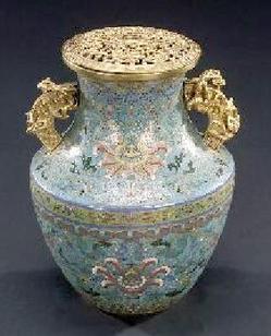 Vase; Chinese, Cloisonne, Beaker (Gu), Lei Form, Pierced Gilt Cover, 9 ...