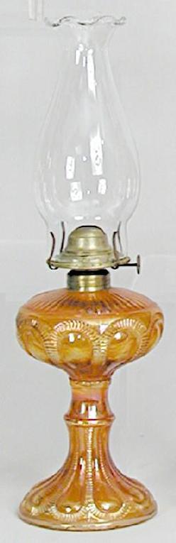 Oil Lamp; Carnival Glass, Zipper Loop Pattern, 8 inch.