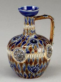 Doulton; Lambeth, Moorish, Ewer, Medallion Decoration, 6 inch.