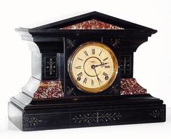 Mantel Clock; Metropolitan Mfg Co, Eclipse, Red Marbelite, 12 inch.