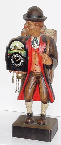 Novelty Clock; German, Whistler, Clock Peddler, 12 inch.