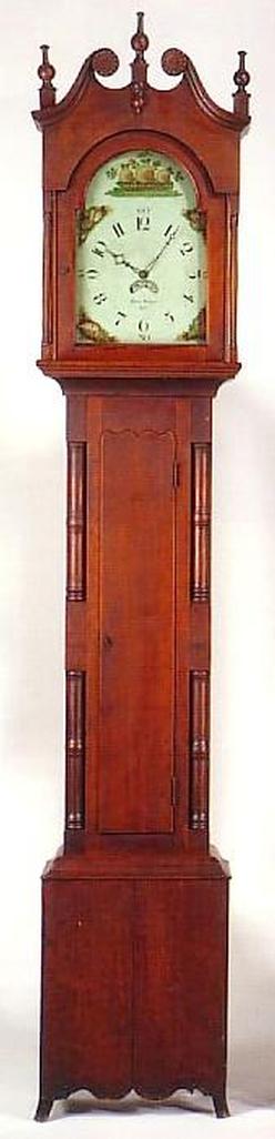 Tall Case Clock; Pennsylvania, Empire, Wismer (Henry), Cherry, Broken Arch, 96 inch.