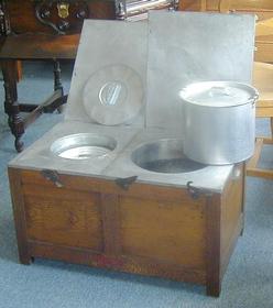 Stove; Bakorost Fireless Stove, Oak Case, Double Oven, 27 inch.