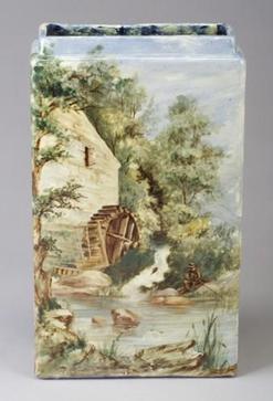 Art Pottery; Odell & Booth Brothers, Vase, 4 Sided, Mill & Stream, 16 inch.