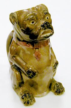 Majolica Pottery; Pitcher, Pug Dog, 10 inch.