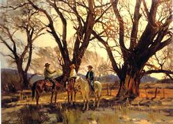 Stefan, Ross; Oil on Canvas Painting, signed, Three Riders in Landscape.