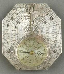 Sundial Compass; Pocket, Butterfield, Silver, Bird Gnomon, Case.
