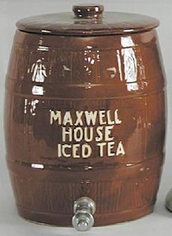 Dispenser; Maxwell House Iced Tea, Barrel Cooler, Stoneware, 12 inch.