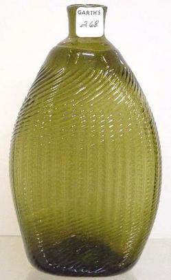 Flask; Pitkin Type, 36 Broken Swirl Ribs, Olive Green, 7 inch.