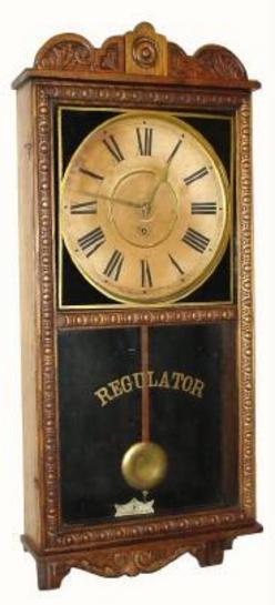 Regulator Clock; Waterbury, Crane, Oak, 8-Day, 37 inch.