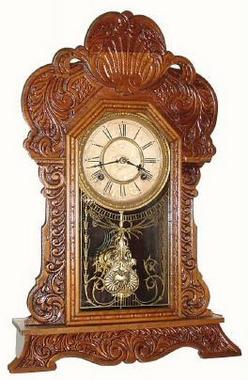 Shelf Clock; Waterbury, Davis, Gingerbread, Walnut, 22 inch.