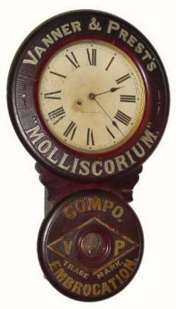 Advertising Clock; Baird Clock Co, Vanner & Prest's Molliscorium, 30 inch.