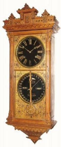 Calendar Clock; Ithaca, Belgrade, No 5 1/2, Double Dial, Wall, 37 inch.