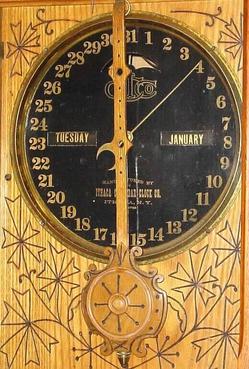 Calendar Clock; Ithaca, Belgrade, No 5 1/2, Double Dial, Wall, 37 inch.