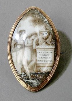 Pin; Mourning, Hand Painted Scene, Ivory, Lozenge-Shaped.