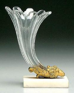 Mold Blown Glass; Vase, Cornucopia Form, Bronze Dore Mounted, 8 inch.