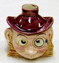 Majolica Pottery; Whiskey, Palmer Cox Brownie, Figural, 3 inch.