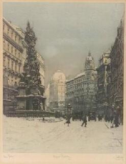 Singer, Emil; Etching with Aquatint, signed, Winter City Scene, 14 inch.