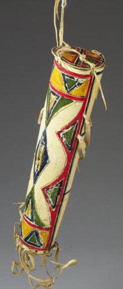 Cylinder; Sioux, Parfleche, Polychrome Paint, Geometric Design, 15 inch.