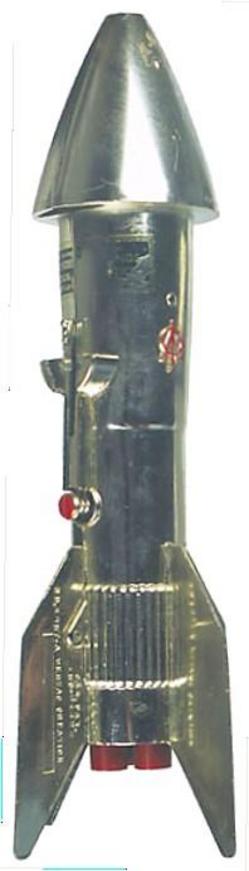 Mechanical Bank; Astro, Rocket Bank, White Metal, 11 inch.