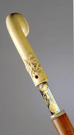 Sword Cane; Ivory Handle, Gold Inlay, Steel Shaft, German, 36 inch.