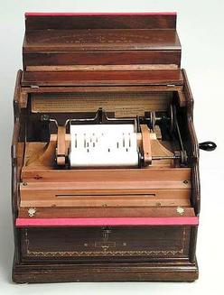 Organette; Mechanical Orguinette Co, Celestina, Walnut, Gilt-Stenciled ...