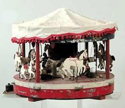 Mechanical Toy; Carnival Carousel, Motorized, Tin & Wood, 24 inch.