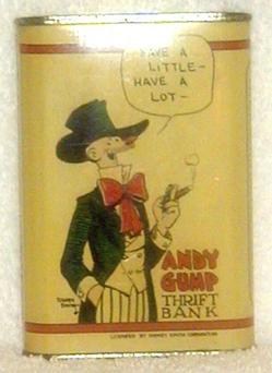 Tin Bank; General Thrift, Andy Gump, Pocket Form, 4 inch.