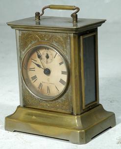 Carriage Clock; German, Brass & Glass, Music Box Base, 6 inch.