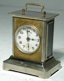 Carriage Clock; German, Mauthe, Brass & Glass, Music Box Base, 6 inch.
