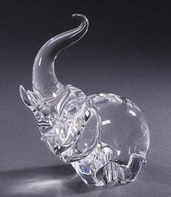 Steuben Glass; Crystal, Elephant Figure, Raised Trunk, 7 inch.