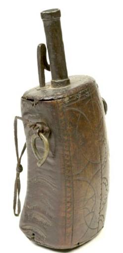 Powder Flask; Dutch, Sheep Horn, Pinwheel Compass Engraving, 8 inch.