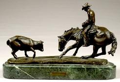 Bronze Sculpture; Reno (Jim), signed, The Cutter, Cowboy Wrangling a Calf.